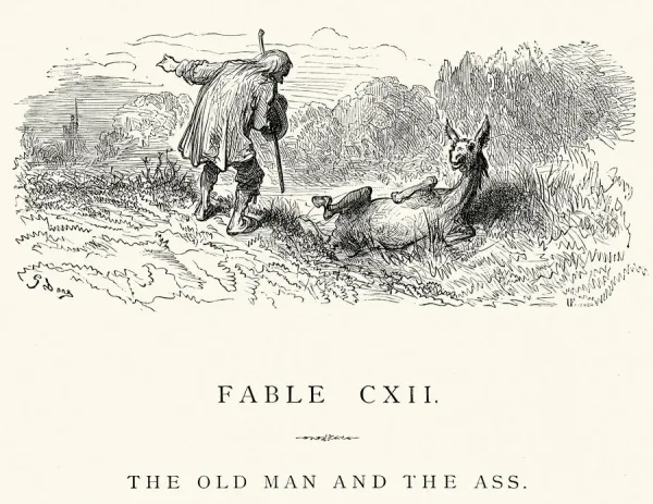 Greetings Card of La Fontaines Fables Old Man and the Ass
