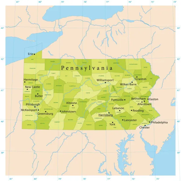 Pennsylvania Adobe Illustrator Map With Counties Cities