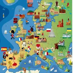 Map Of Europe With Illustrations Of Famous Landmarks And
